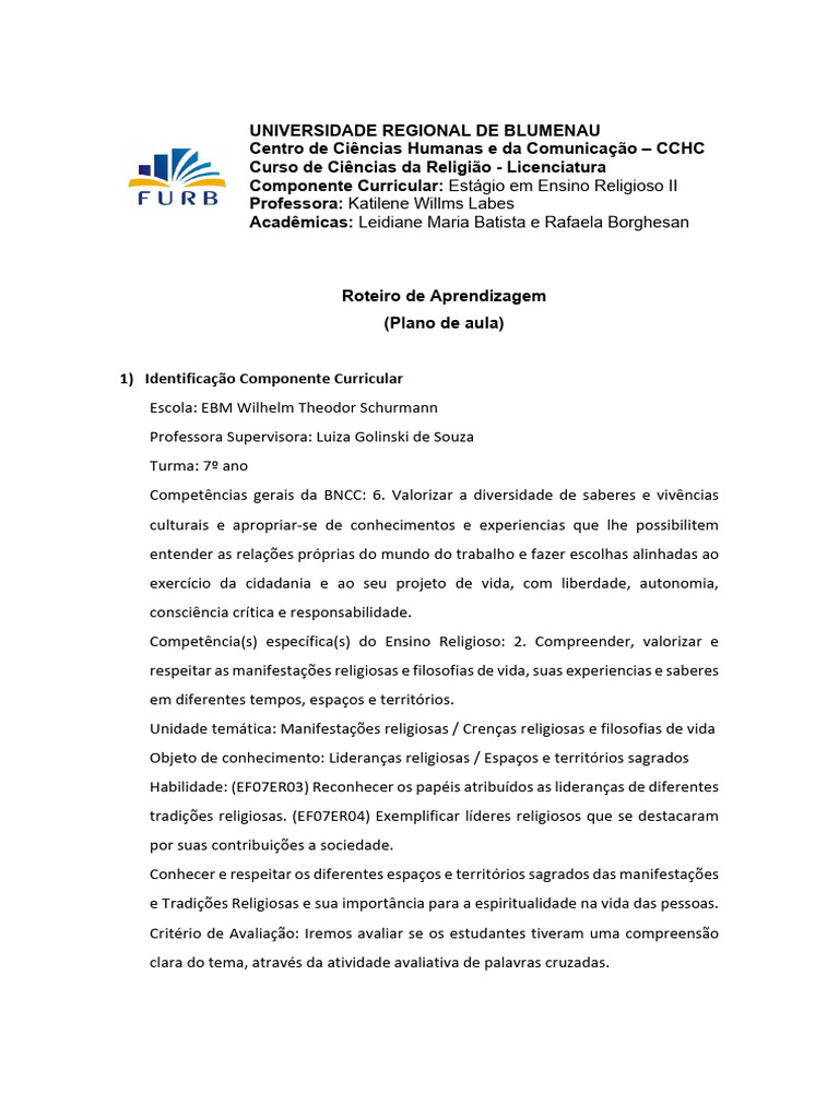 Roteiro de Aprendizagem - 7 Ano - Final | PDF | Igreja católica ...