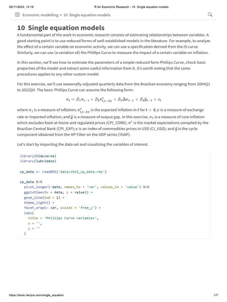 R For Economic Research - 10 Single Equation Models | PDF | Vector Autoregression | Inflation