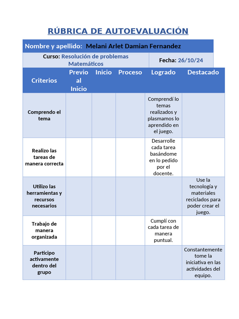 Rúbrica de Autoevaluación | PDF