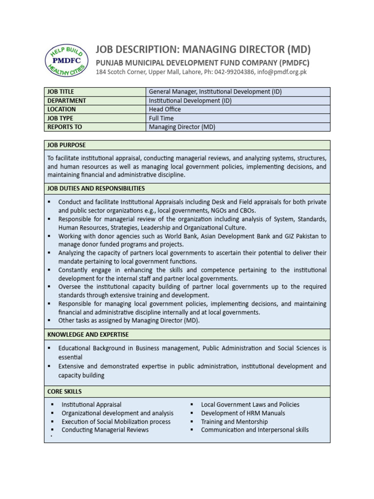 JD-General Manager (GM) - ID | PDF | Human Resources | Capacity Building