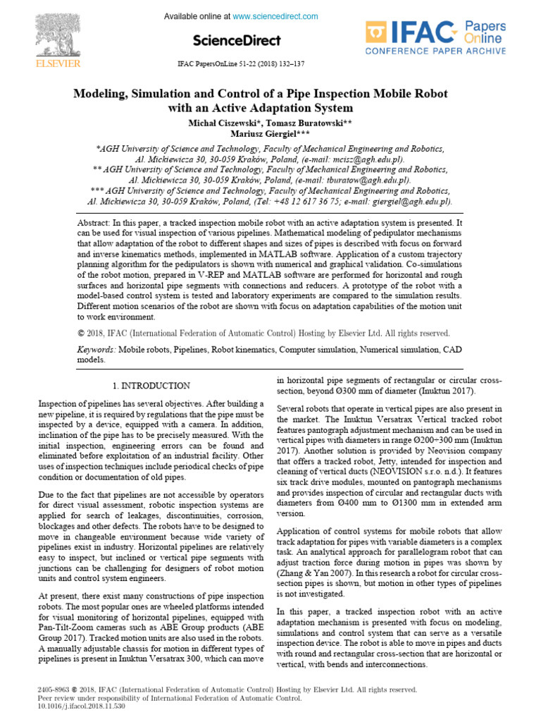 Modeling, Simulation and Control of A Pipe Inspection Mobile Robot With ...