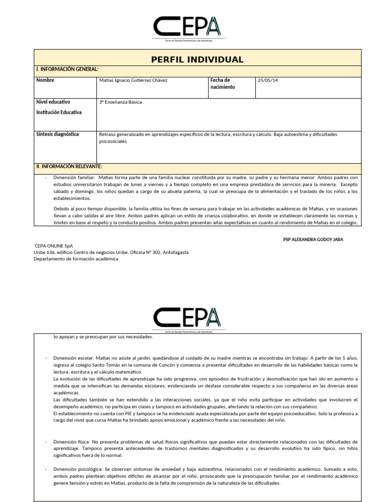 Edith Zúñiga C. Perfil Individual Caso 2 | PDF | Aprendizaje | Atención