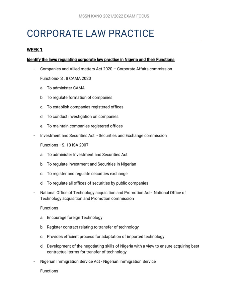 MSSN Kano Corporate Law Exam Focus | PDF