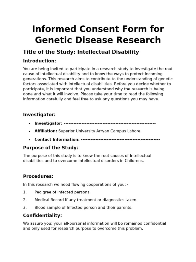 Informed Consent Form For Genetic Disease Research | PDF | Consent ...
