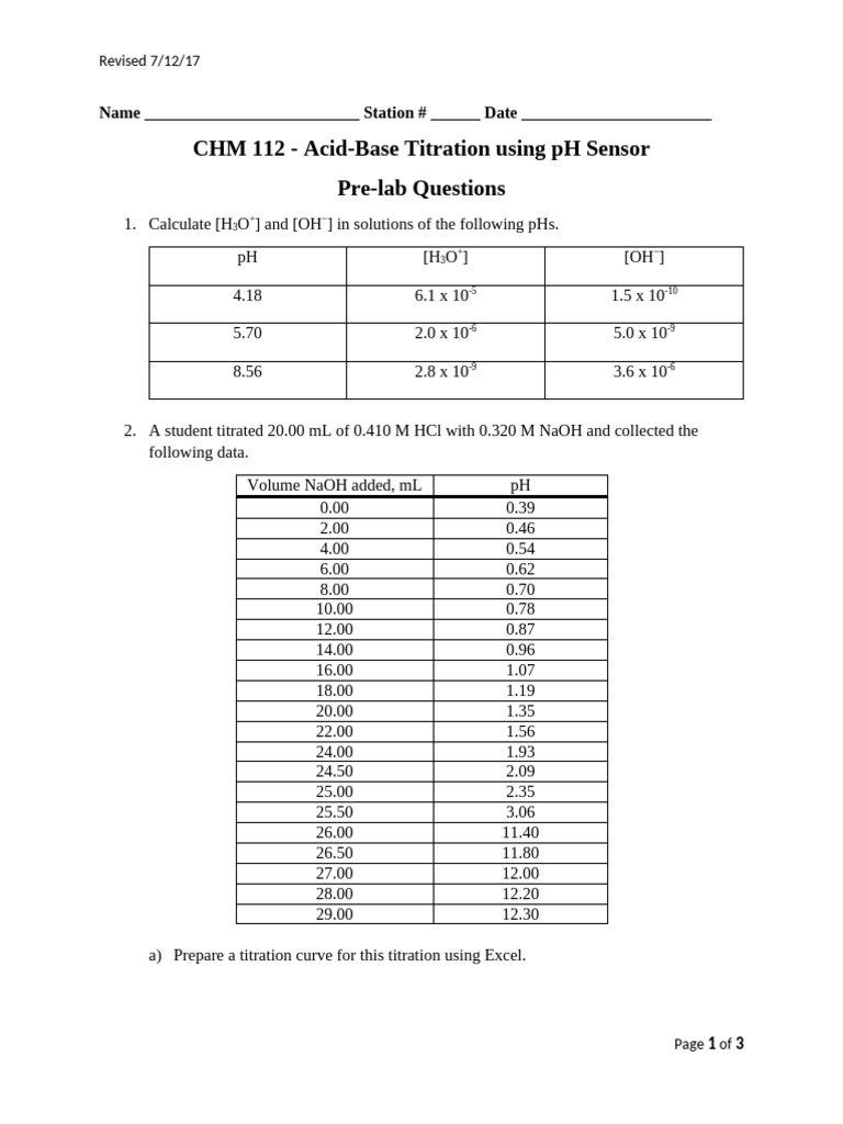 Prelab - CHM 112 Acid-Base Titration Using PH Sensor-1-1 | PDF ...