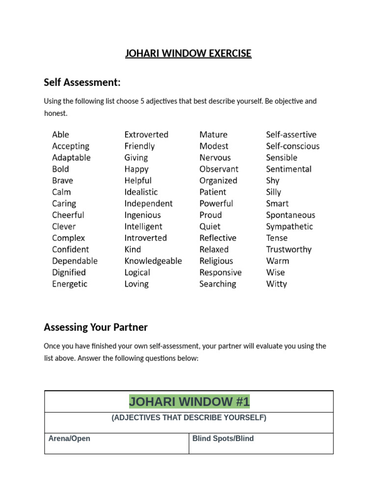 Johari Window Self-Assessment Exercise | PDF | Extraversion And ...