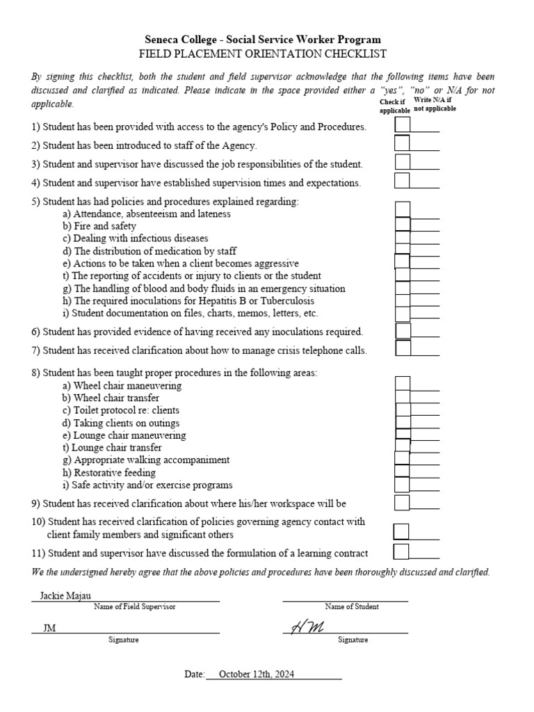 Seneca College Field Placement Checklist | PDF | Medical Specialties ...