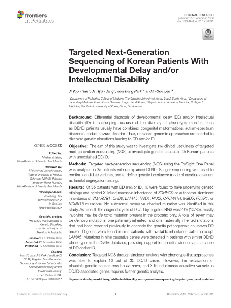 Target Next Generation Sequencing of Korean Patients With Intellectual ...