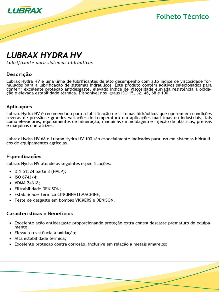 Lubrax Hydra HV 68: Lubrificante Hidráulico | PDF | Física Aplicada e ...