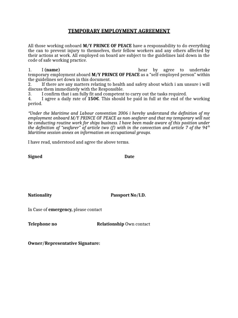 Temporary Employment Agreement - Mauricio | PDF | Business | Finance ...