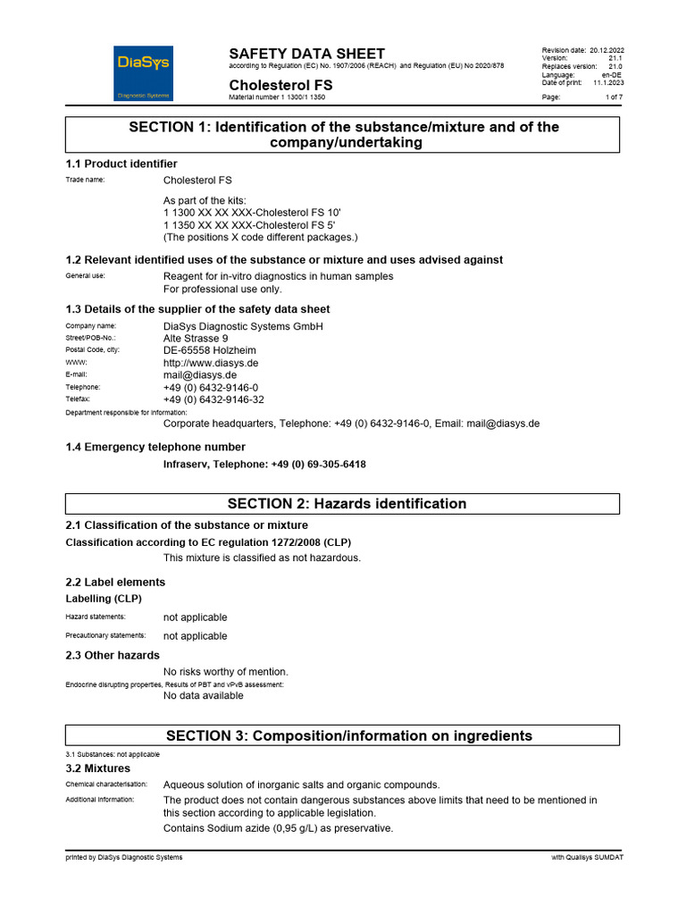 Cholesterol FS Safety Data Sheet | PDF | Dangerous Goods | Waste