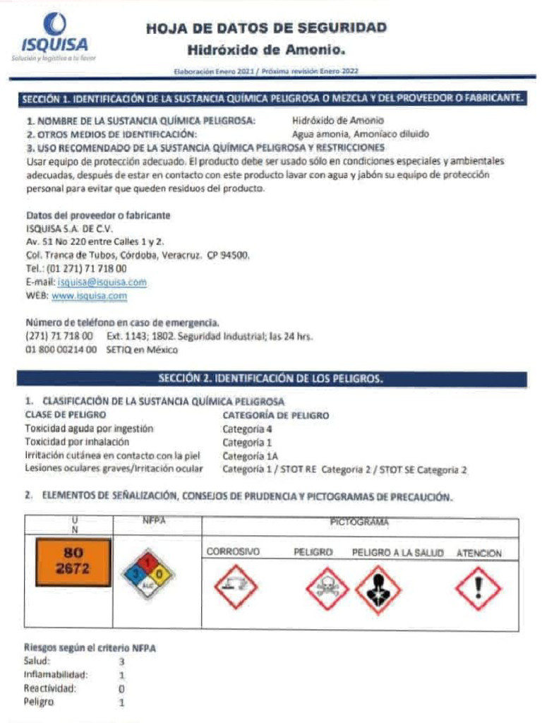 Hoja de Seguridad de Hidróxido de Amonio NH4OH | PDF
