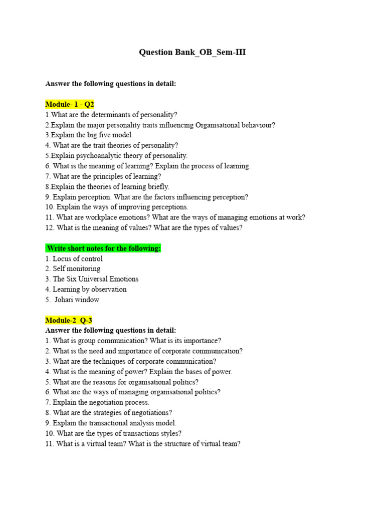 Question Bank OB Sem-III | PDF | Organizational Behavior | Organizational Structure