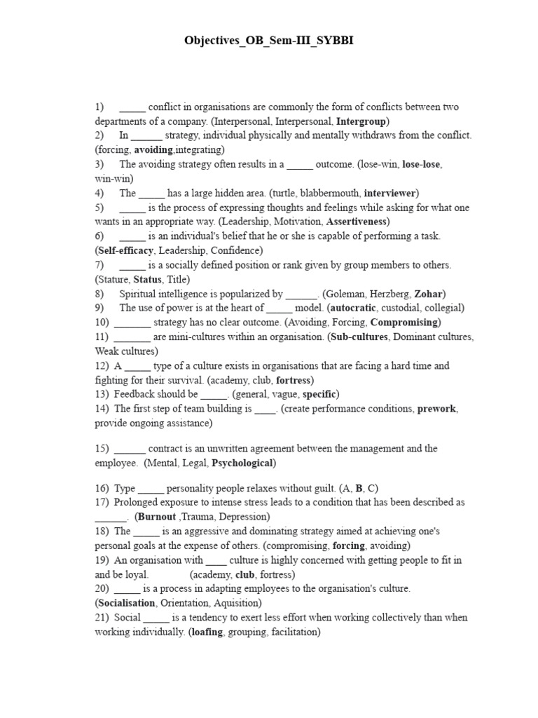 Objectives Ob Sem-III Sybbi | PDF | Leadership | Stress (Biology)