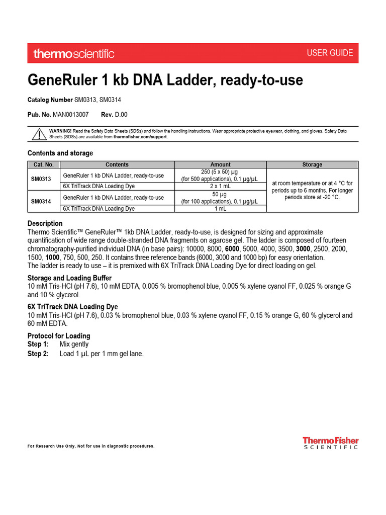 MAN0013007 GeneRuler 1kb DNALadder RTU 50ug UG | PDF | Agarose Gel ...