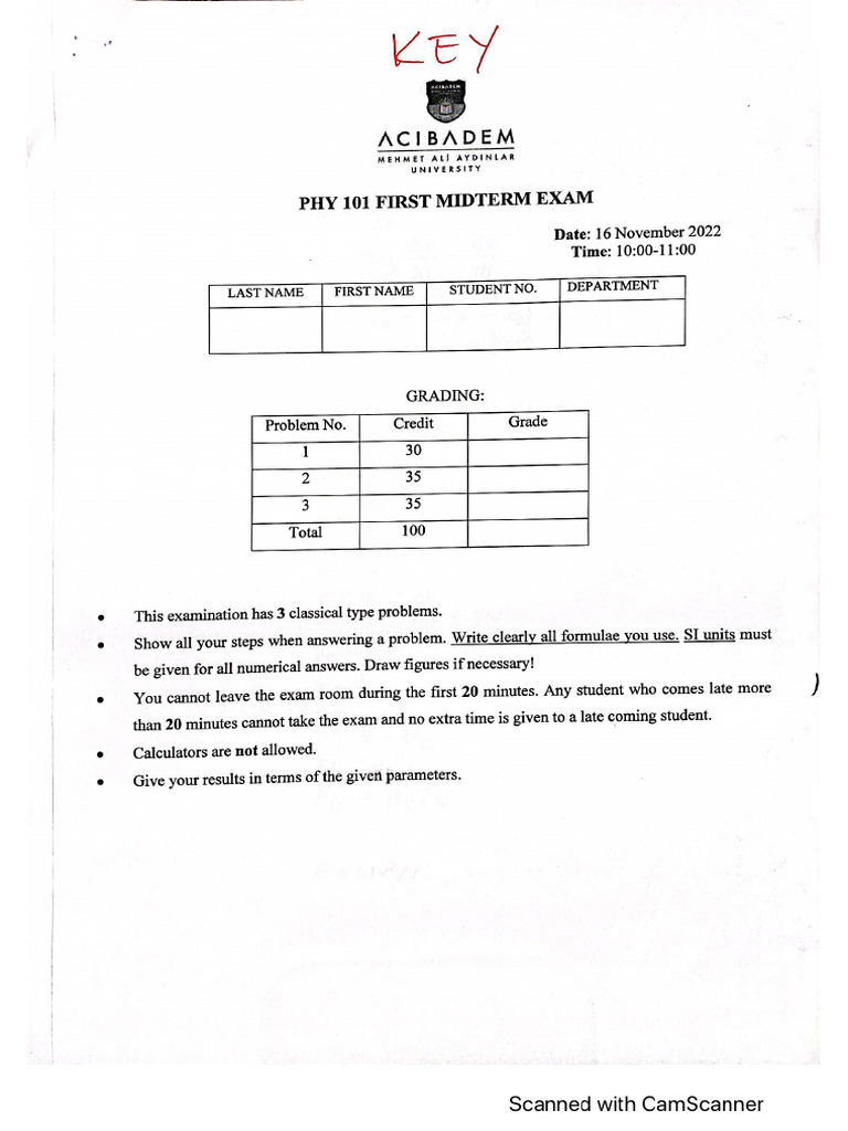 PHY101 FALL22 MidtermKey | PDF