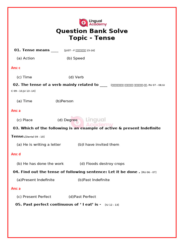 Question Bank Solve - Tense | PDF