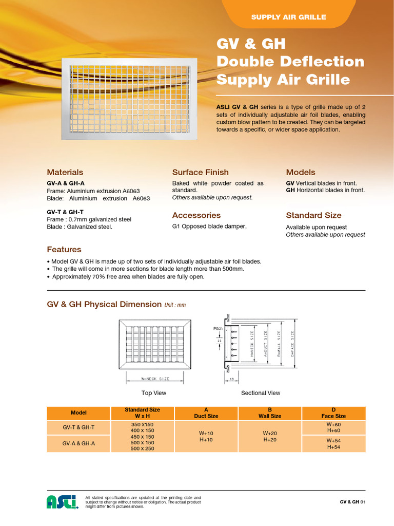 GV & GH Double Deflection Supply Air Grille: Materials Models Surface Finish | PDF | Duct (Flow)