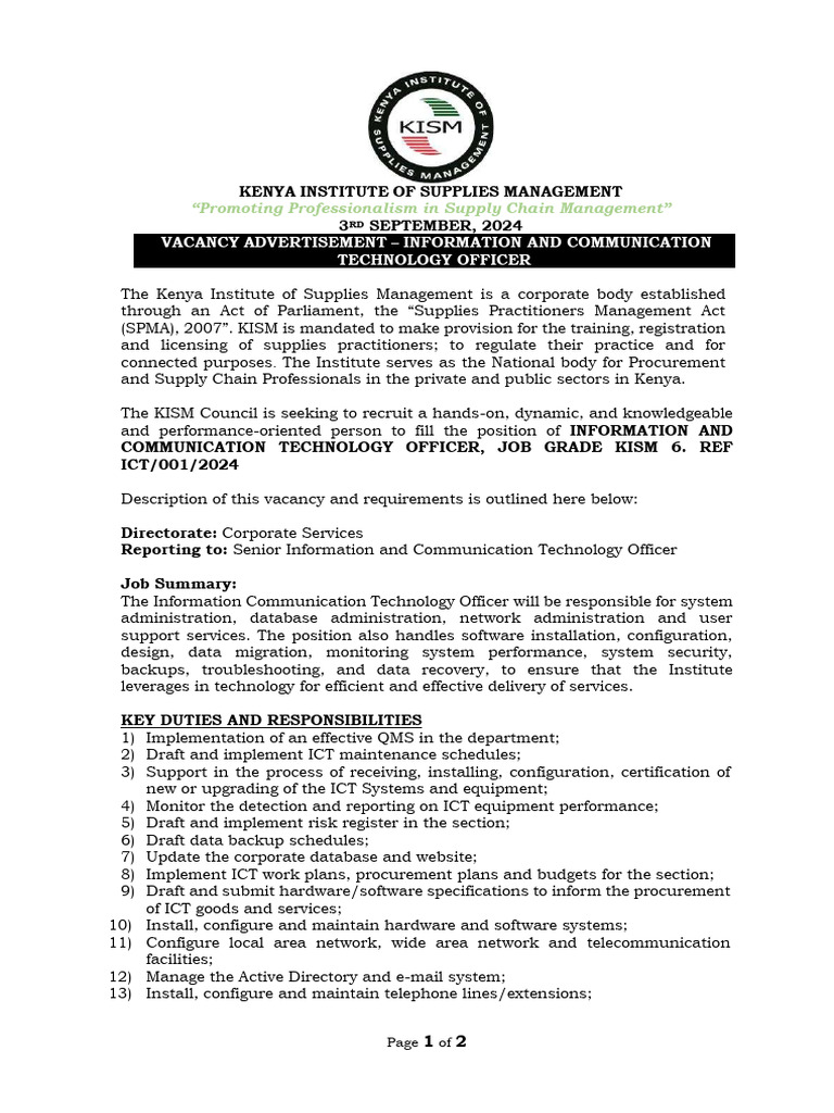 Ict Officer | PDF | Information And Communications Technology | Computer Network
