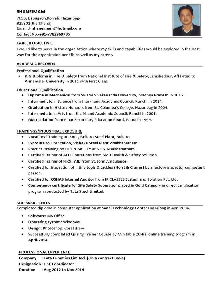 SHANE IMAM RESUME | PDF | Regulatory Compliance | Occupational Safety And Health