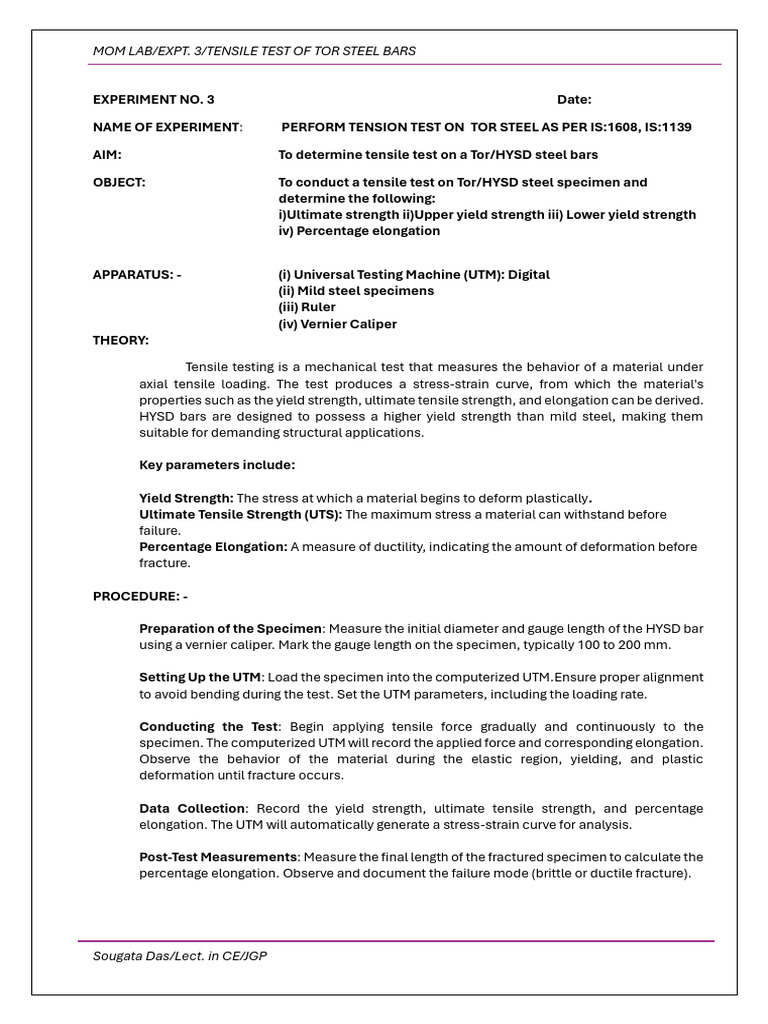 Tensile Test of Tor Steel Bars | PDF | Ultimate Tensile Strength ...