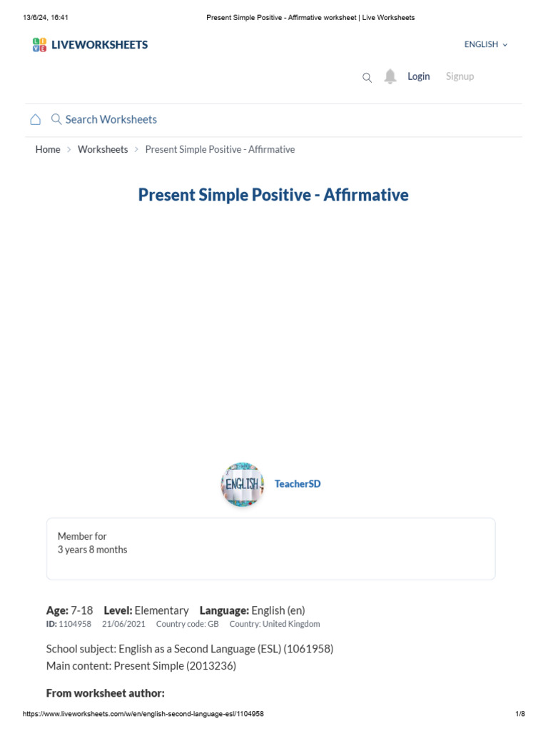 Present Simple Positive - Affirmative Worksheet - Live Worksheets | PDF | Worksheet