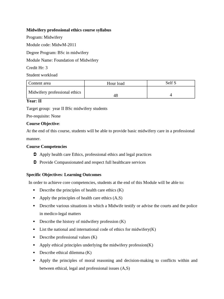 Ethics Course Syllabus | PDF | Professional Ethics | Midwifery
