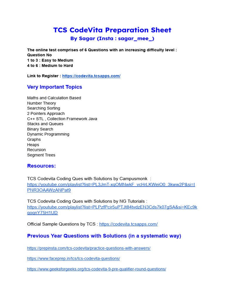 TCS CodeVita Cheat Sheet | PDF | Moving Average | Average