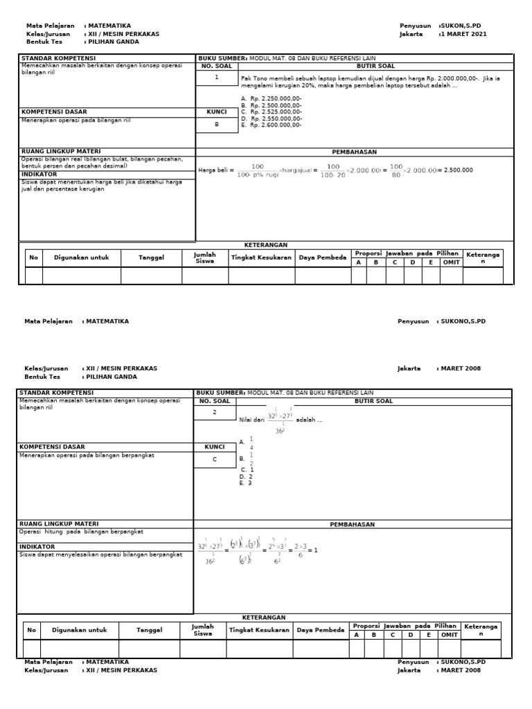Kartu Soal Mat Kls Xii SMT 2 SMK Cilincing 1 TP 2007 2008 | PDF