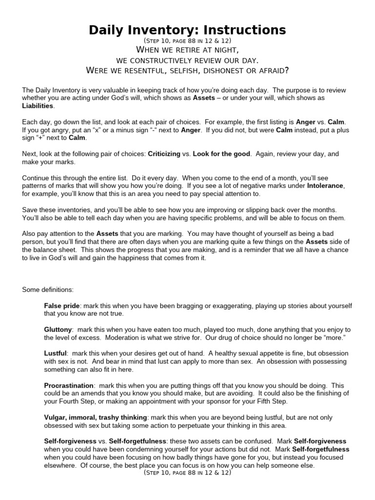 Daily Inventory Worksheet Guide | PDF | Seven Deadly Sins | Anger