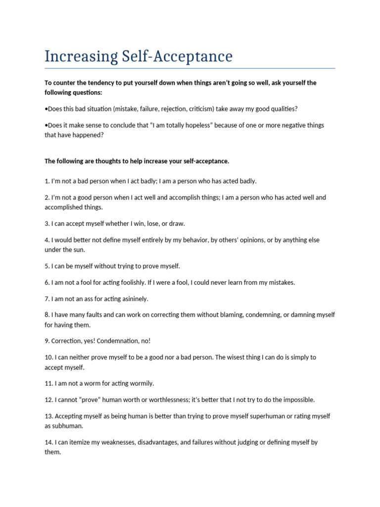 Increasing Self Acceptance | PDF | Self Esteem | Psychology