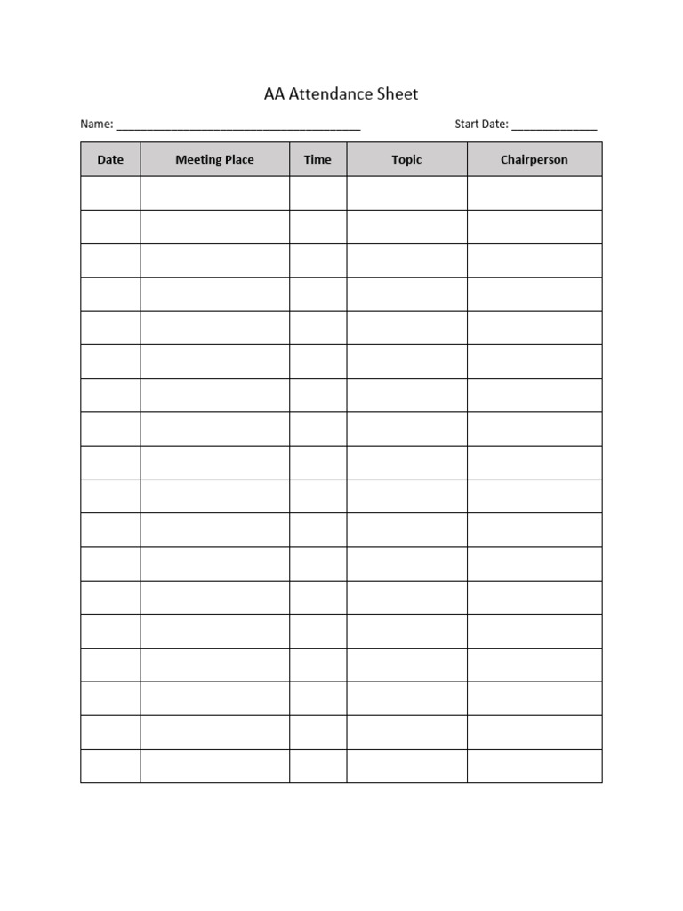 Main Alcoholics Anonymous Aa Attendance Sheet Template | PDF | Business