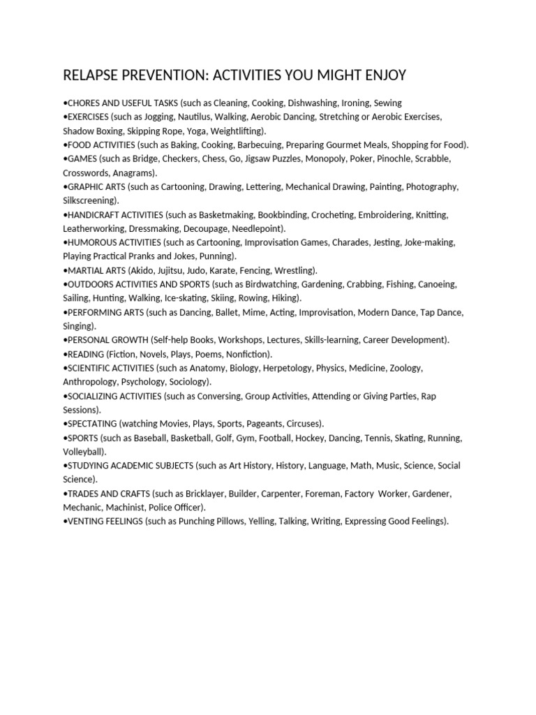 Enjoyable Activities for Relapse Prevention | PDF