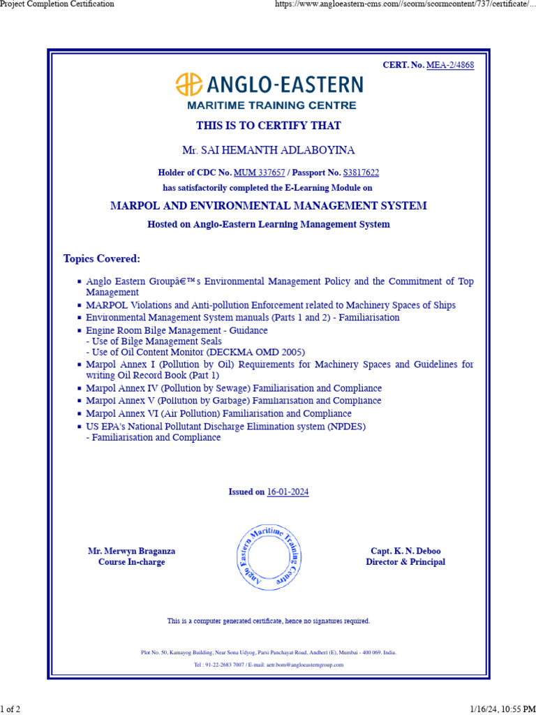 Marpol Certificate AE | PDF | Environmental Science | Human Impact On ...