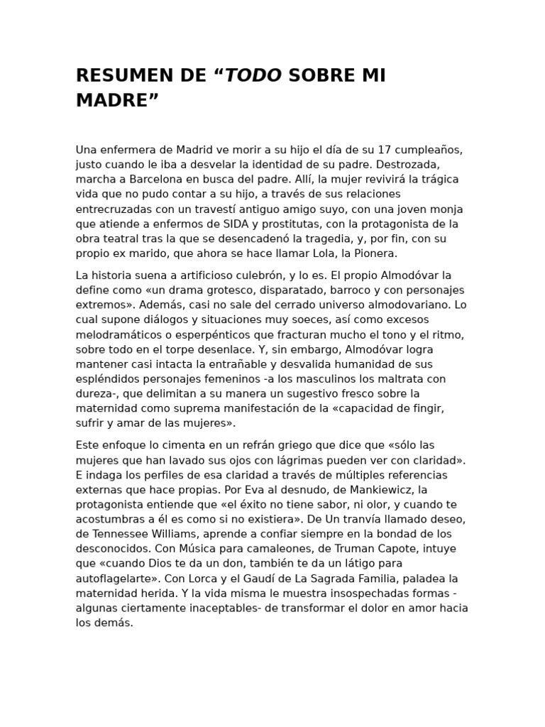 Resumen de "Todo sobre mi madre" | PDF