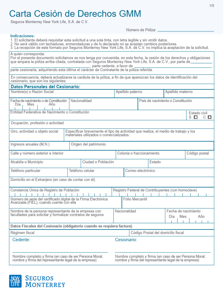 Carta Cesion de Derechos GMM Rellenable | PDF | Póliza de seguros