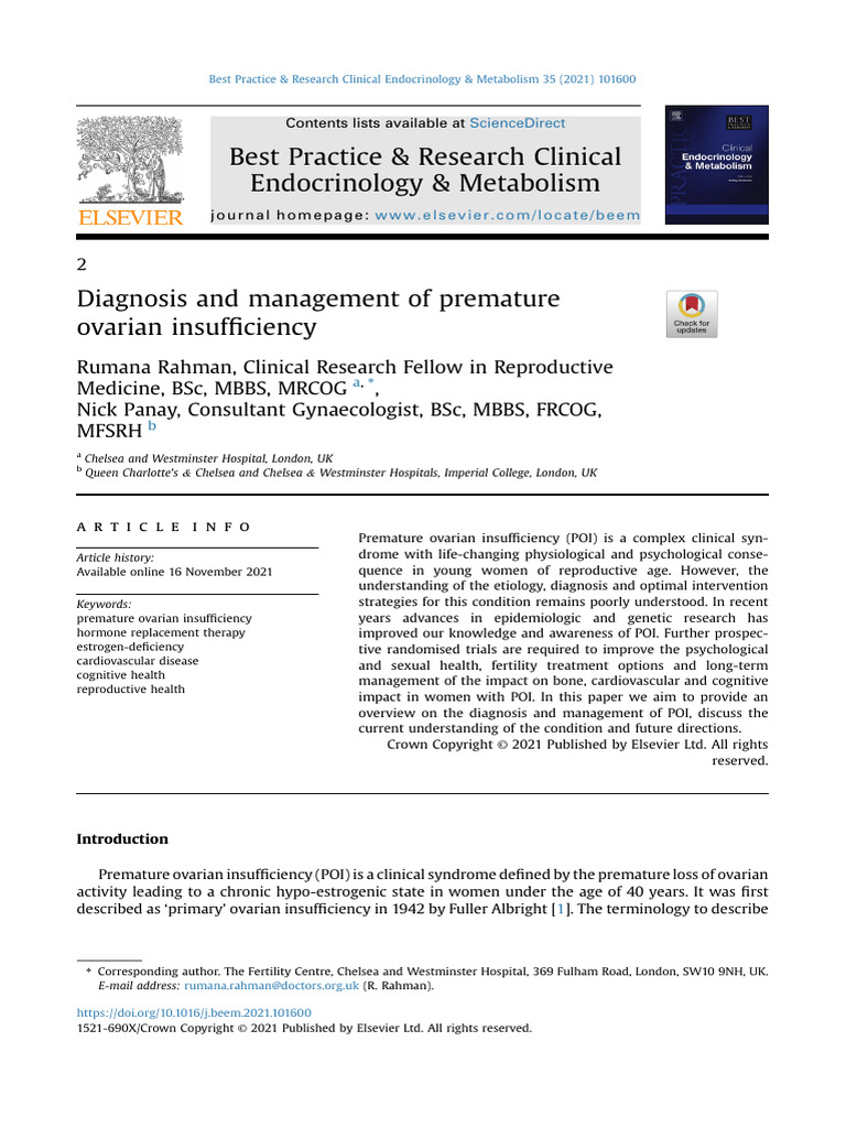 Diagnosis and Management of Premature Ovarian Insufficiency | PDF | Hormone Replacement Therapy ...