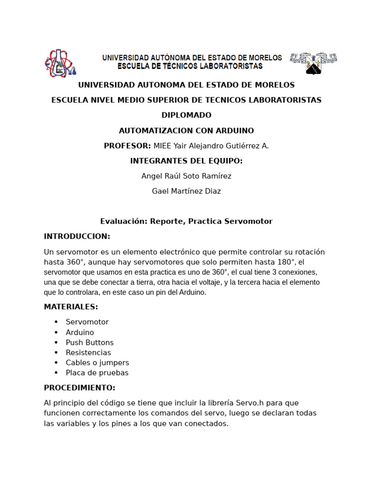 Reporte Servomotor | PDF | Arduino | Ingenieria Eléctrica