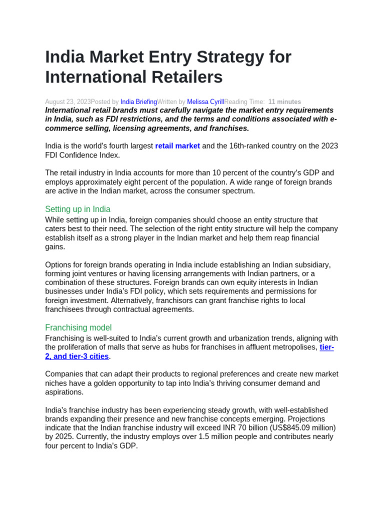 India Retail Market Entry Strategies | PDF | Franchising | Limited ...