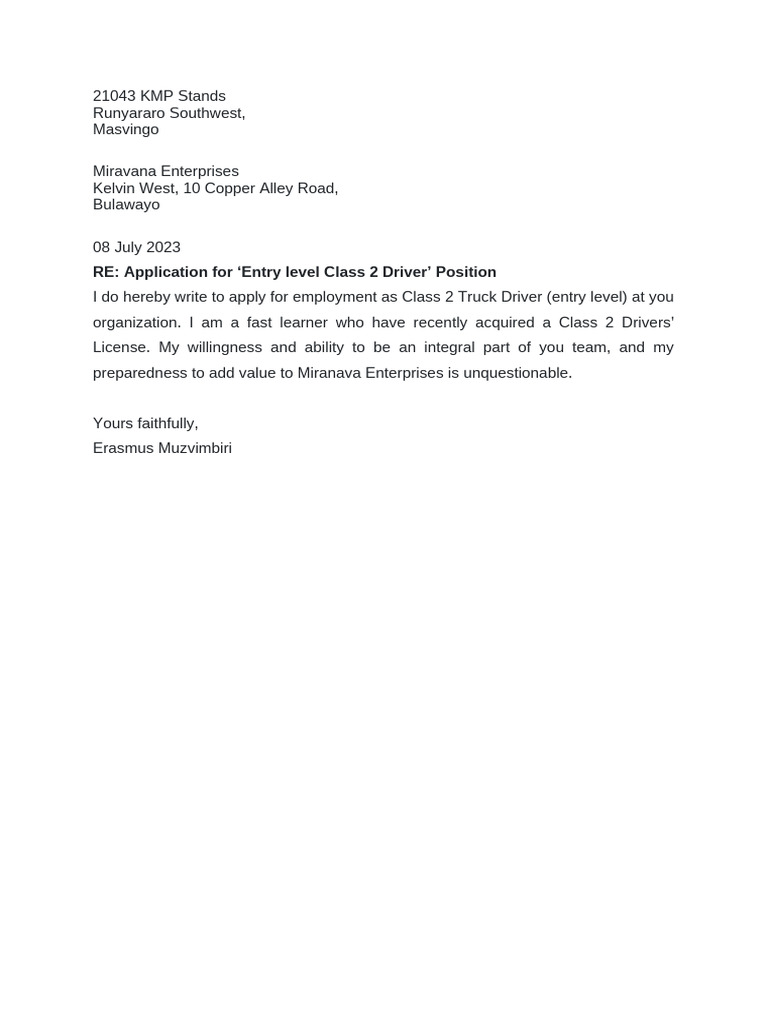 Application Letter - Mira Zimbabwe | PDF