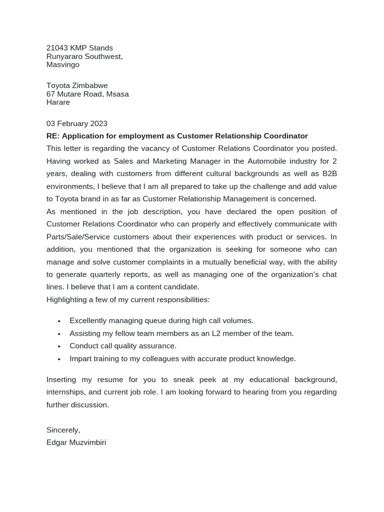 Application Letter - Toyota Zimbabwe | PDF