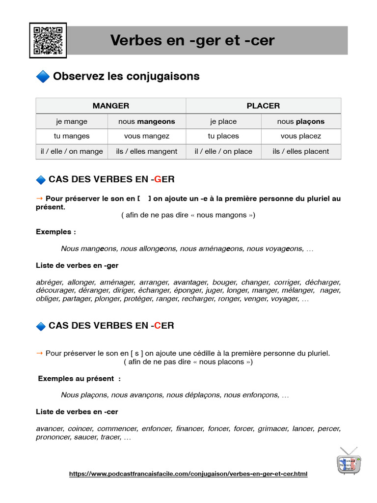 Conjugaison des verbes en -ger et -cer | PDF | Études des langues ...
