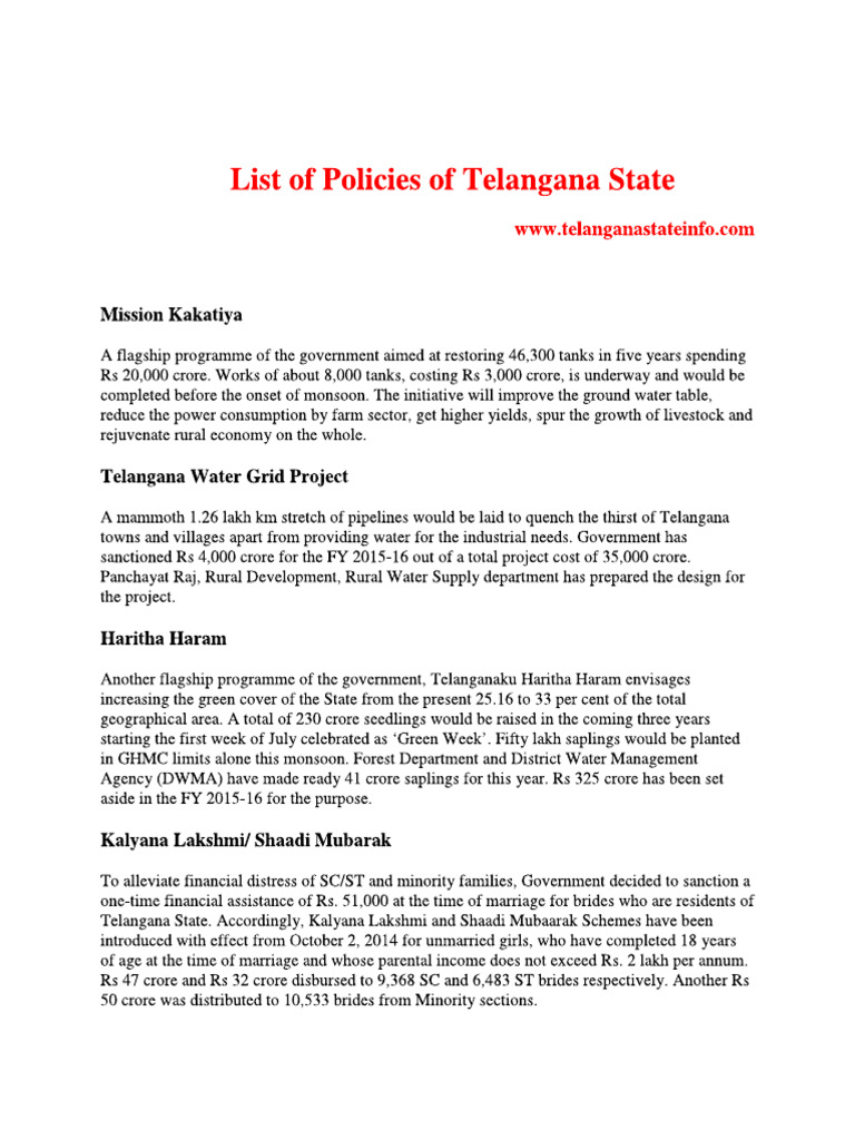 Telangana Schemes | PDF