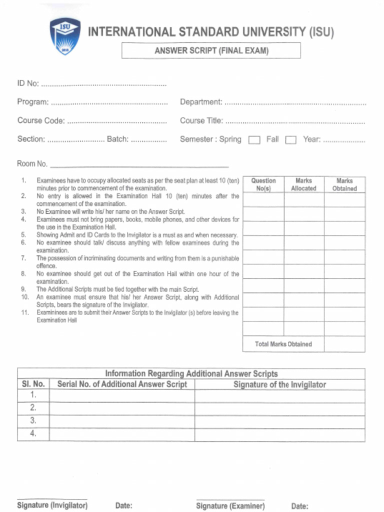 Exam Script Front Page | PDF