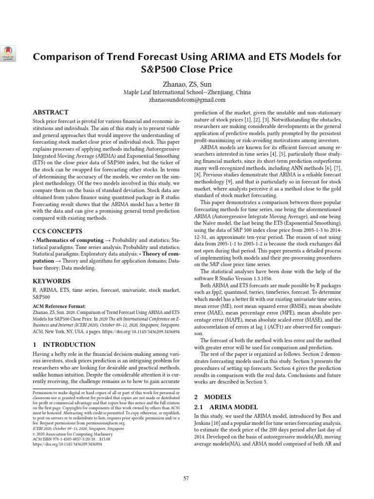 Comparison of Trend Forecast Using ARIMA and ETS Models For S&P500 ...