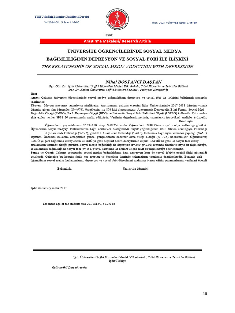 N Vers Te Renc Ler Nde Sosyal Medya Ba Imlili Inin Depresyon Ve Sosyal Fob Le L K S (#1278978 ...