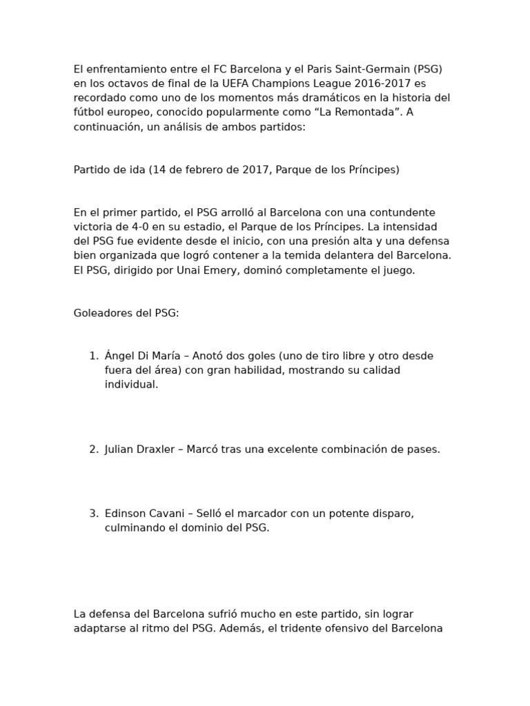 Análisis Del Partido Barcelona PSG | PDF | Lionel Messi | Asociación de Futbol