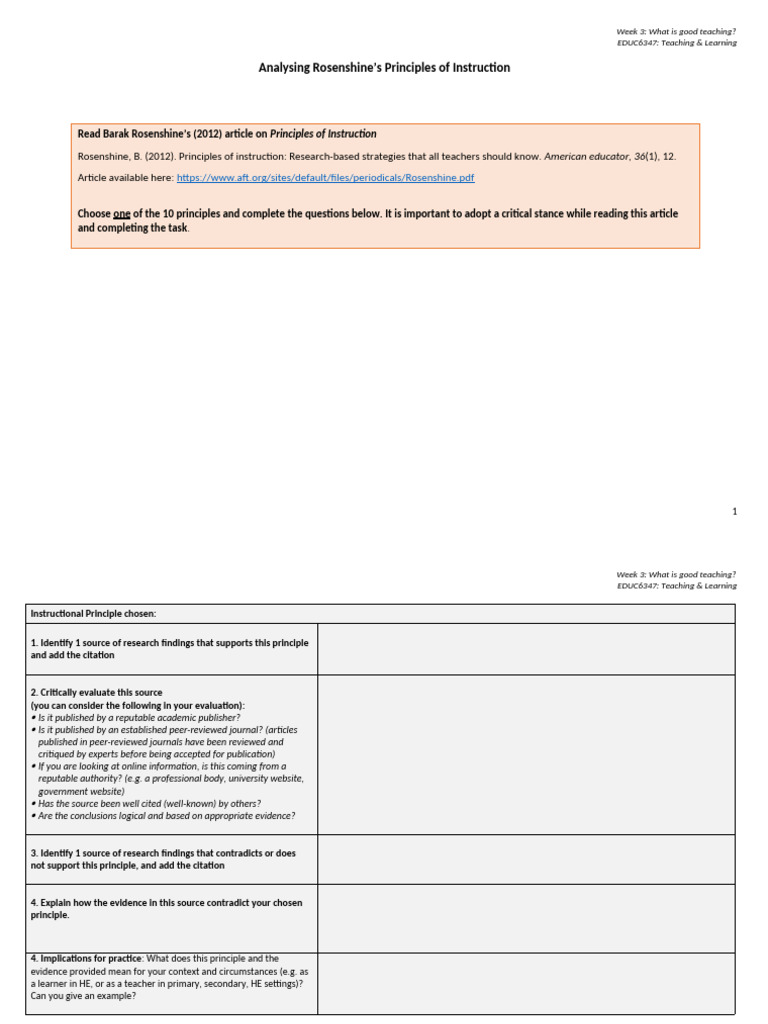 Analysing Rosenshine's Principles of Instruction Worksheet | PDF