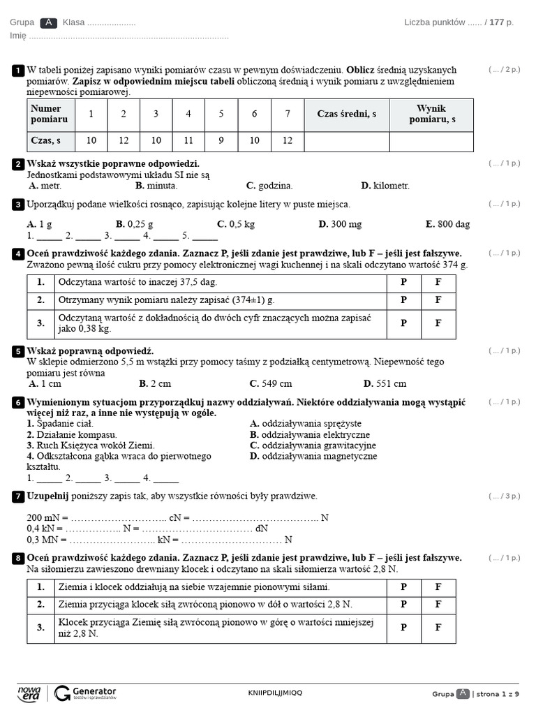 I. Pierwsze Spotkanie Z Fizyki Test Klasa 7 Dział 1 | PDF