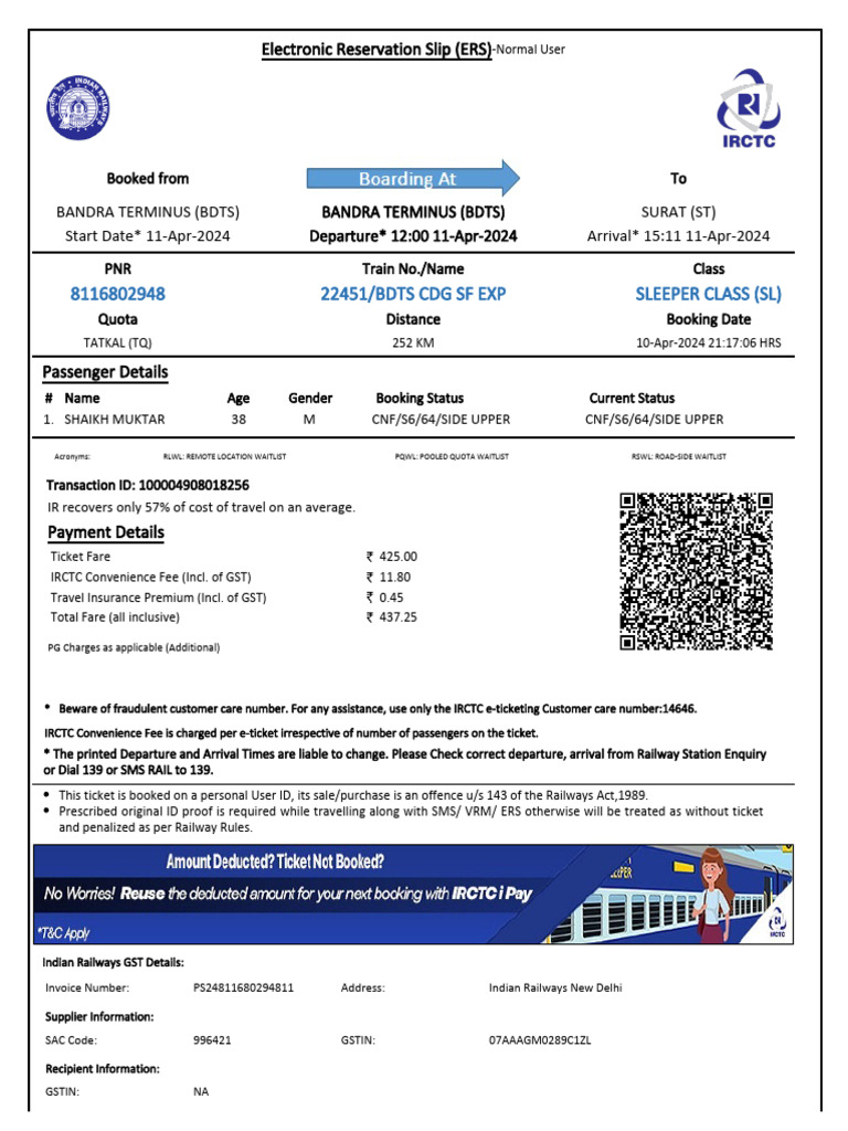 22451/Bdts CDG SF Exp Sleeper Class (SL) | PDF | Identity Document
